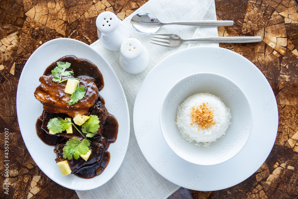 Authentic Filipino cuisine Pork Humba with Garlic Rice Stock Photo ...