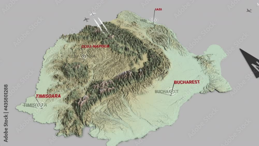 Seamless looping animation of the 3d terrain map of Romania with the ...