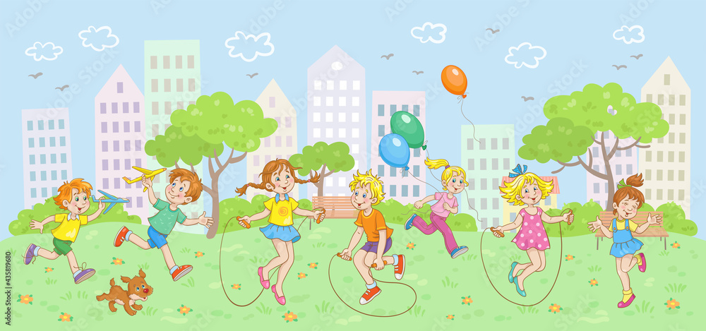 Children are walking in the city park. Cute happy kids run with toy ...
