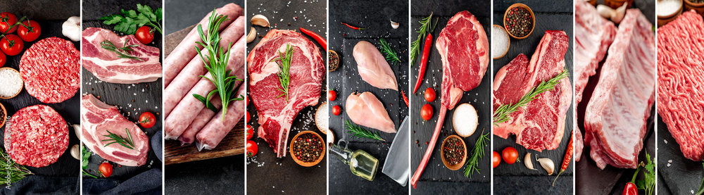 Set of different raw meat on a stone background. Photo collage, banner ...