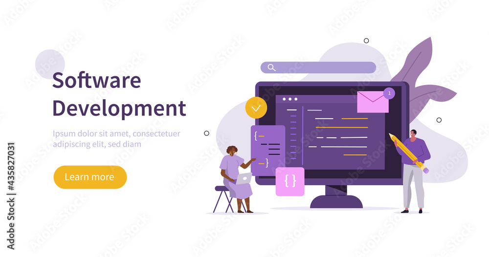 People characters developing new software. Developers team programming and writing program code ...