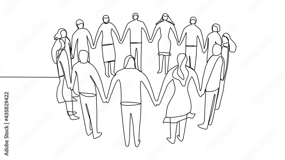 Continuous line drawing group of people sitting, standing, meeting and ...