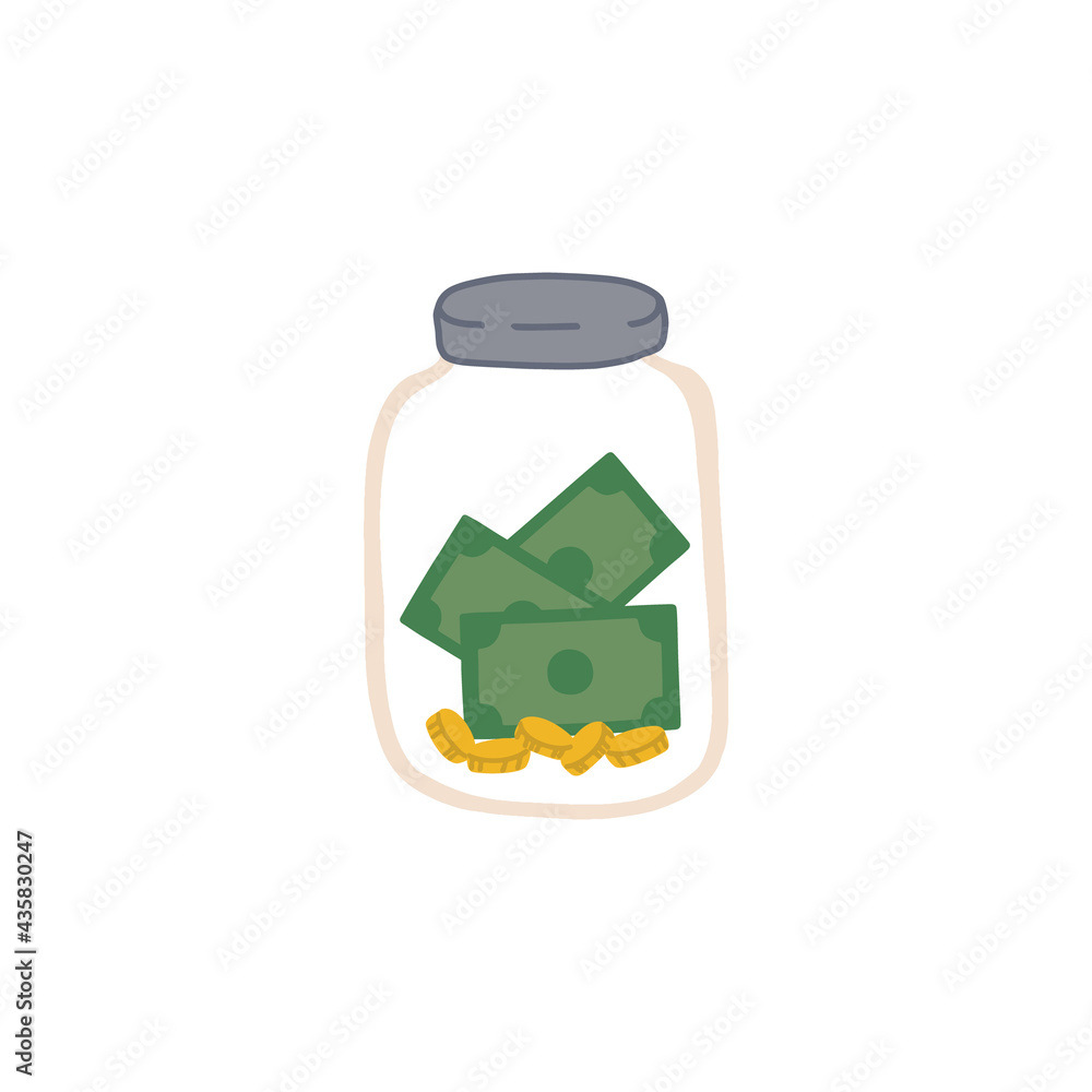 Glass jar with gold monts and green banknotes. Saving pocket money ...