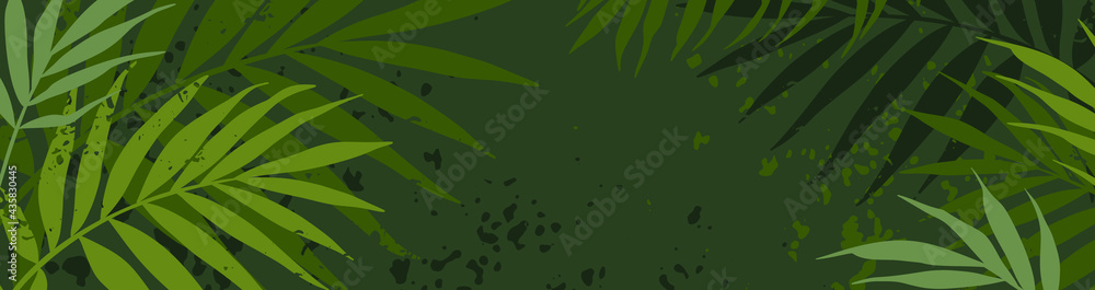 Green banner with plant branches and texture. Tropical background with ...