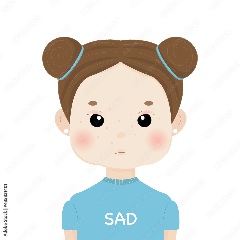 Vector illustration of sad girl. Cute cartoon young woman with two buns ...