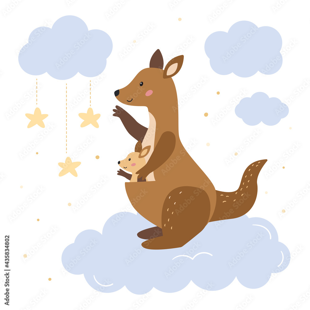 Mother kangaroo with her baby kangaroo on clouds. Cute cartoon animals ...