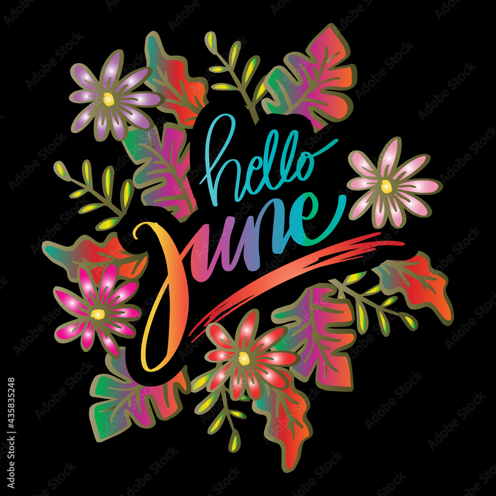Hello June hand lettering with floral ornament, greeting card. Stock ...