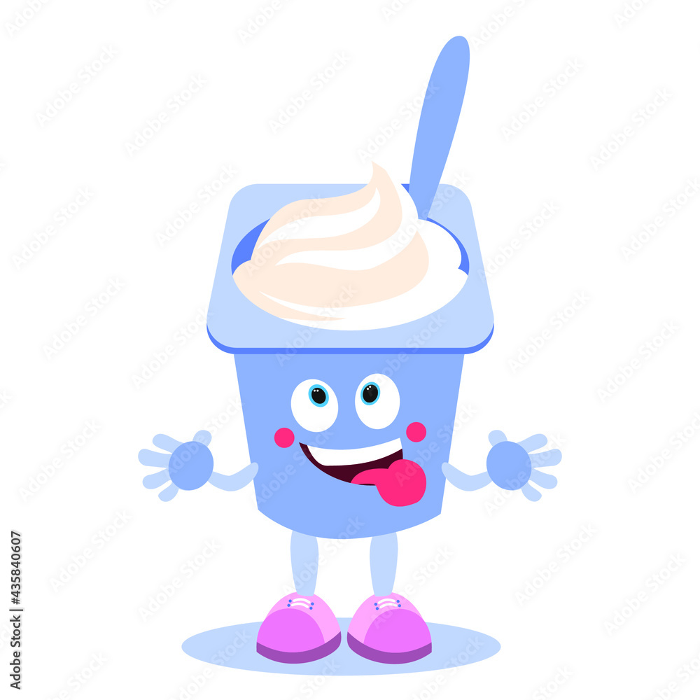 Cartoon yogurt in a glass. Yogurt with face, arms and legs. Healthy and ...