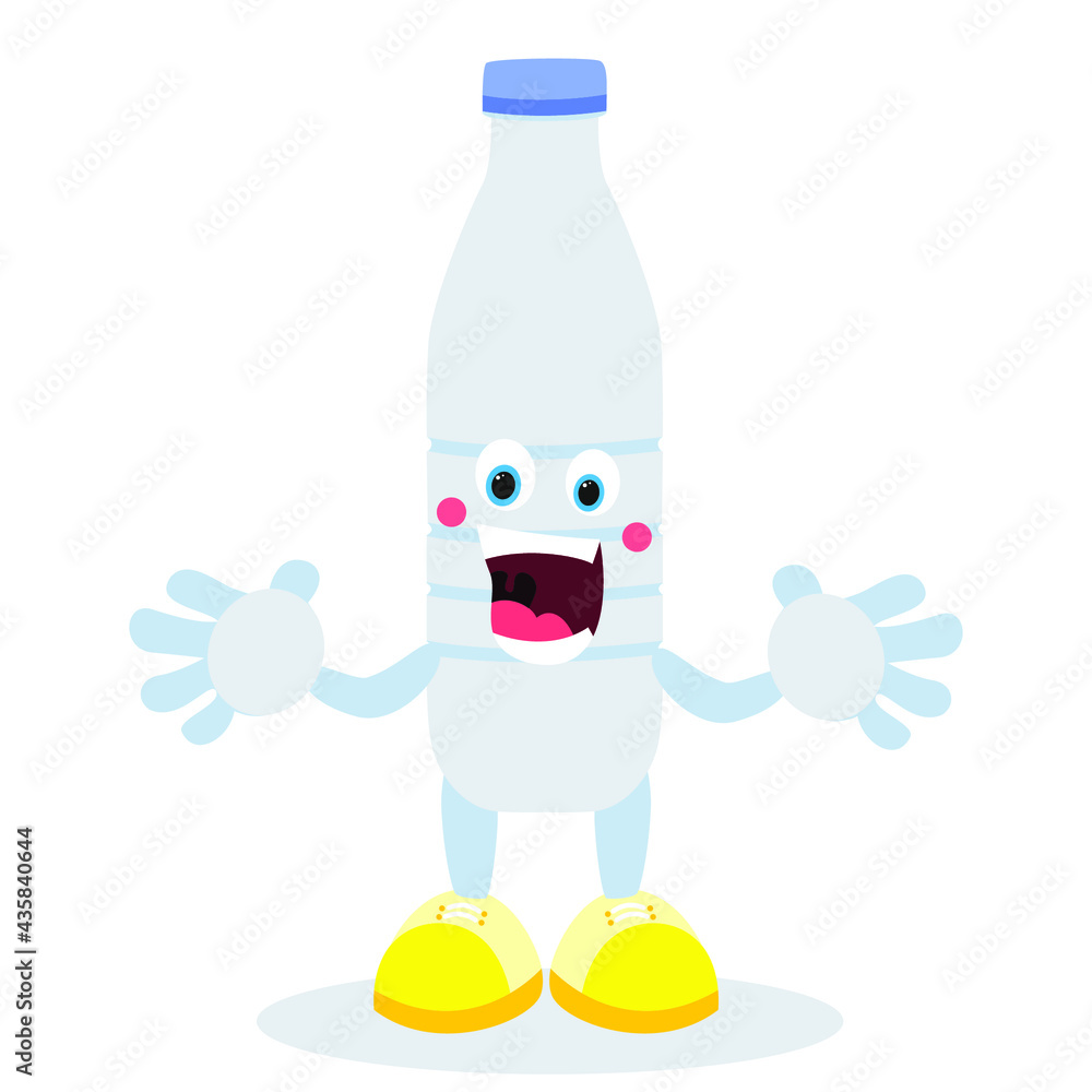 Cartoon kefir in a bottle. Kefir with face, arms and legs. Healthy and ...