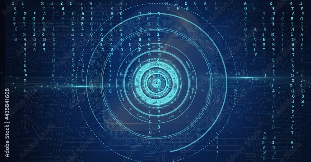 Composition of scope scanning and digital data processing on blue background Stock Illustration ...