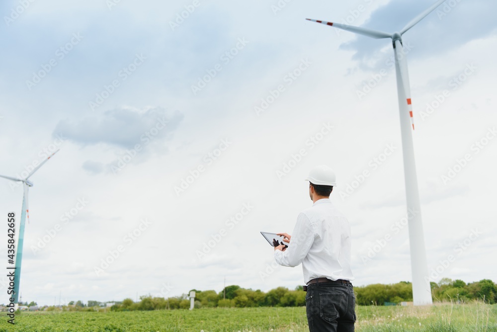 Wind turbines generating electricity. energy conservation concept and ...