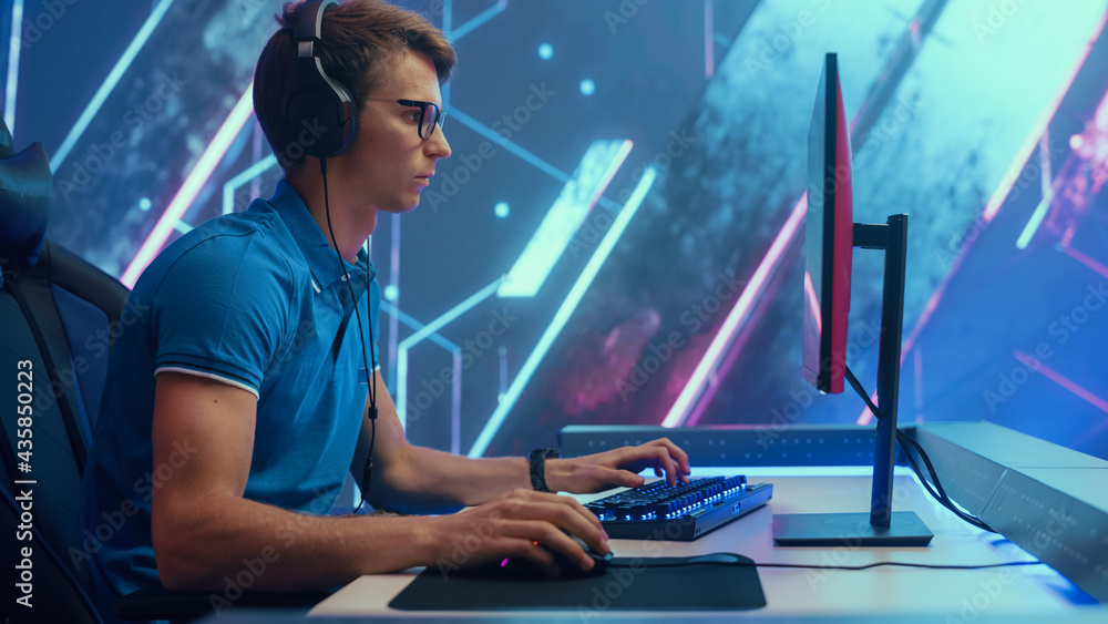 Professional eSports Gamer Plays RPG MOBA Mock-up Video Game with Super ...