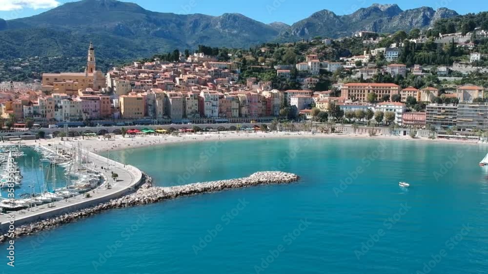 Aerial footage revealing shot showing the Vieux Port, Sablette beach ...