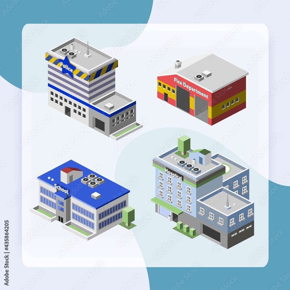 Government buildings 3d isometric set with fire department police ...