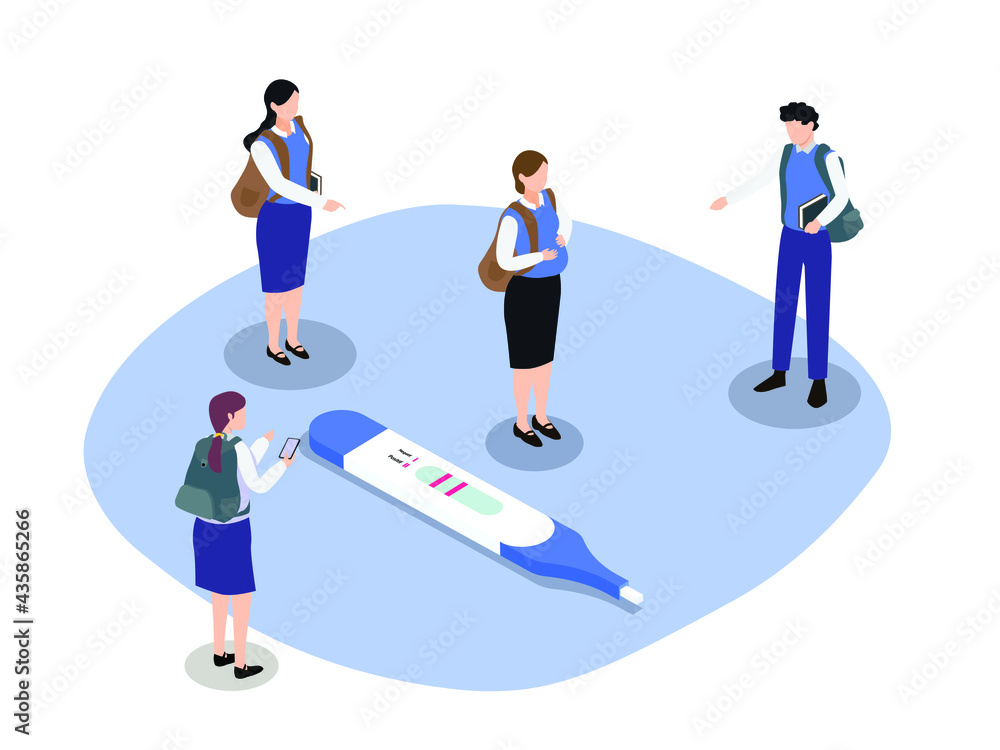 Teen pregnancy isometric vector concept. Pregnant teenage student with ...
