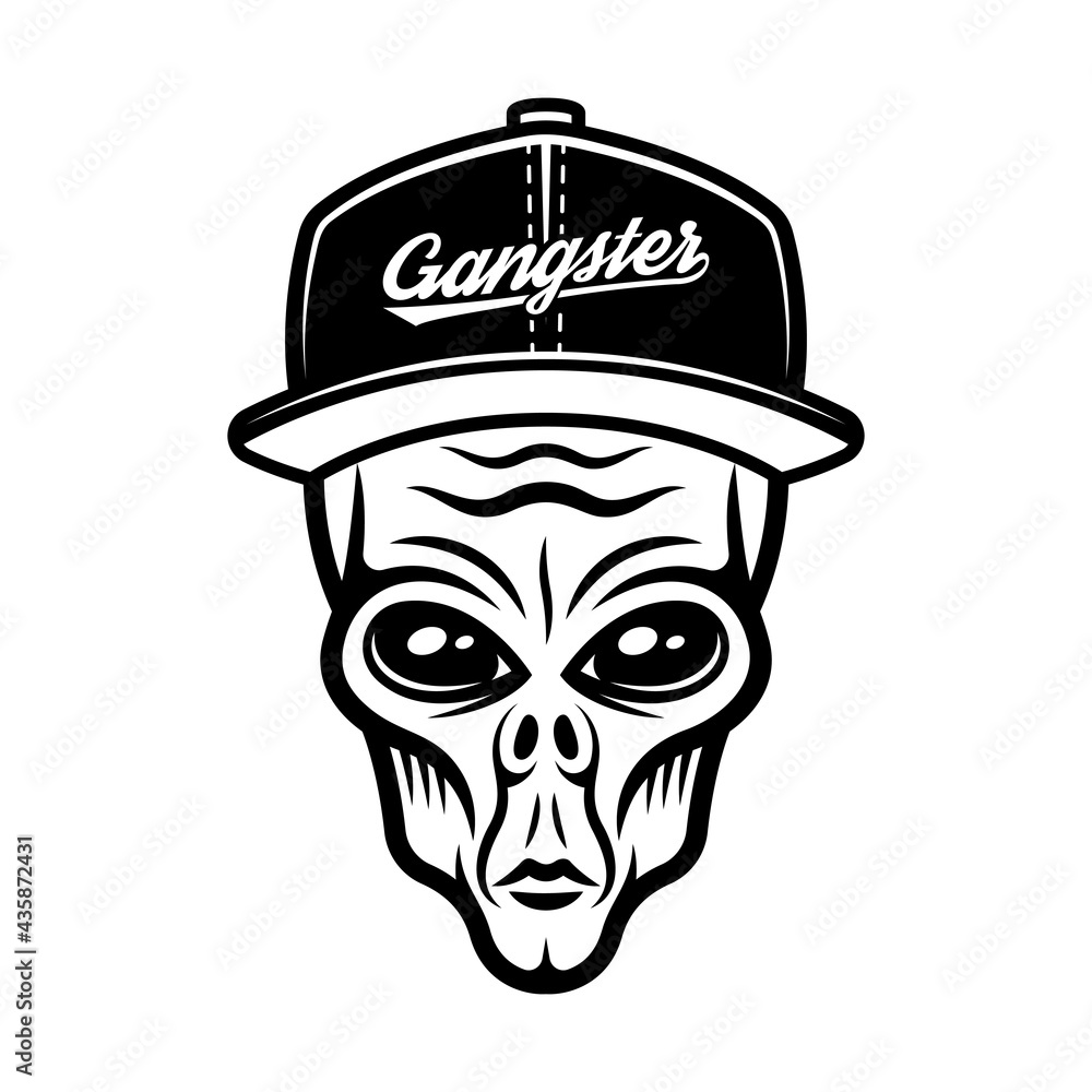 Alien head in cap vector illustration in vintage monochrome style ...