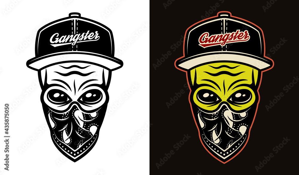 Alien head in baseball cap and bandana on face two styles black on ...