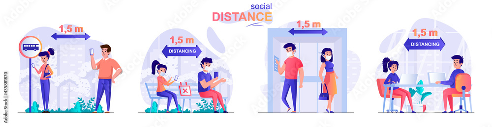 Social distance concept scenes set. Men and women keep safe distance in ...
