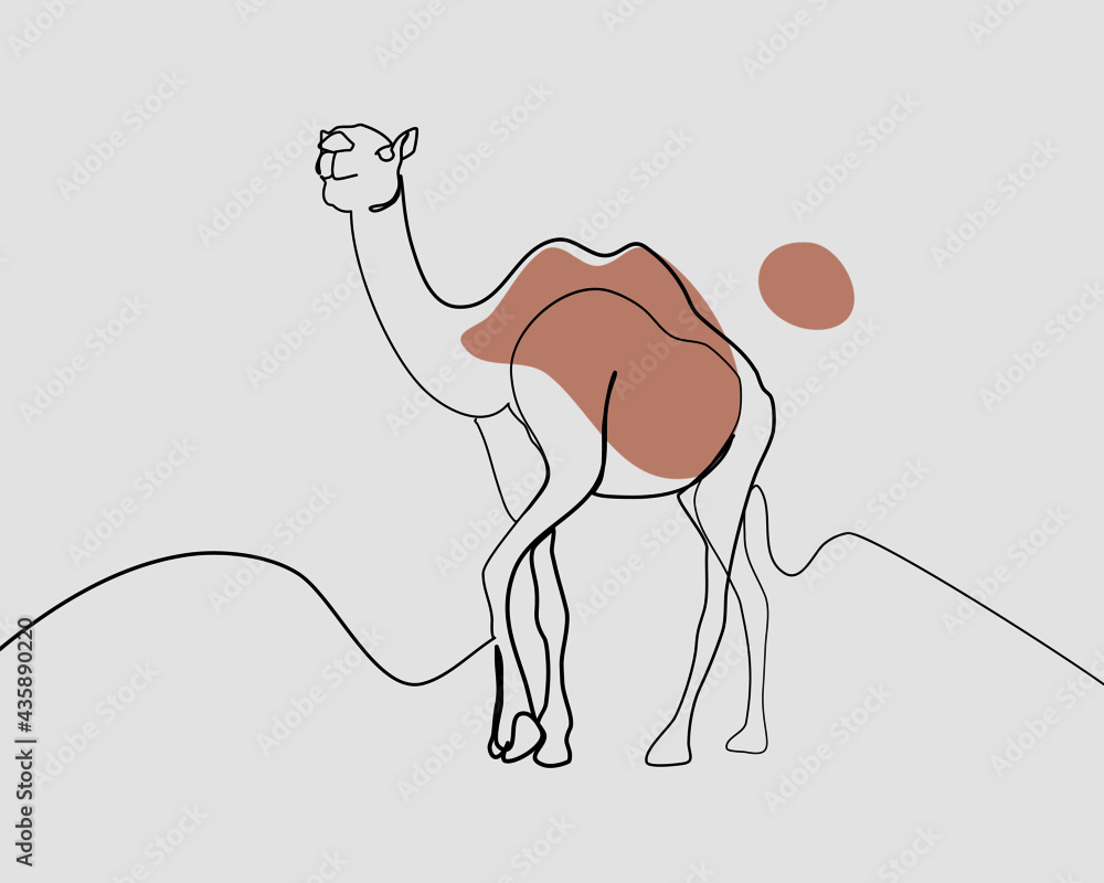 Continuous line Camel going through the sand dunes in Desert. Drawing ...