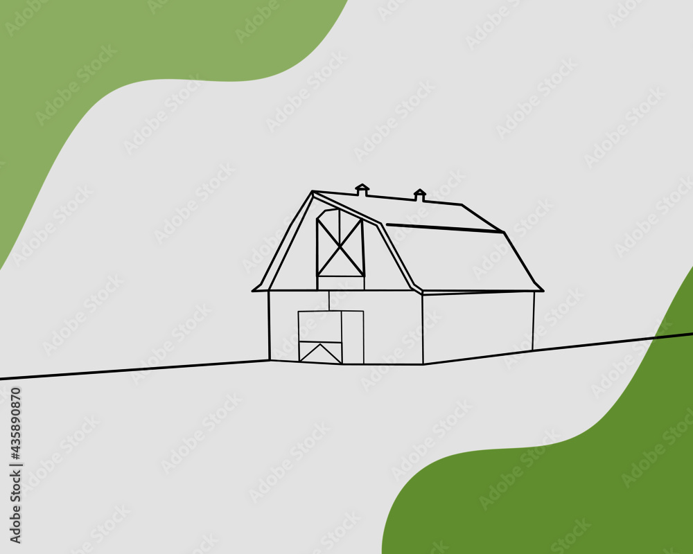 Continuous line, Barn on a farm. Drawing of set Country. (Vector ...