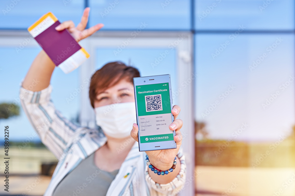 Happy woman holding smartphone displaying on app mobile valid digital ...