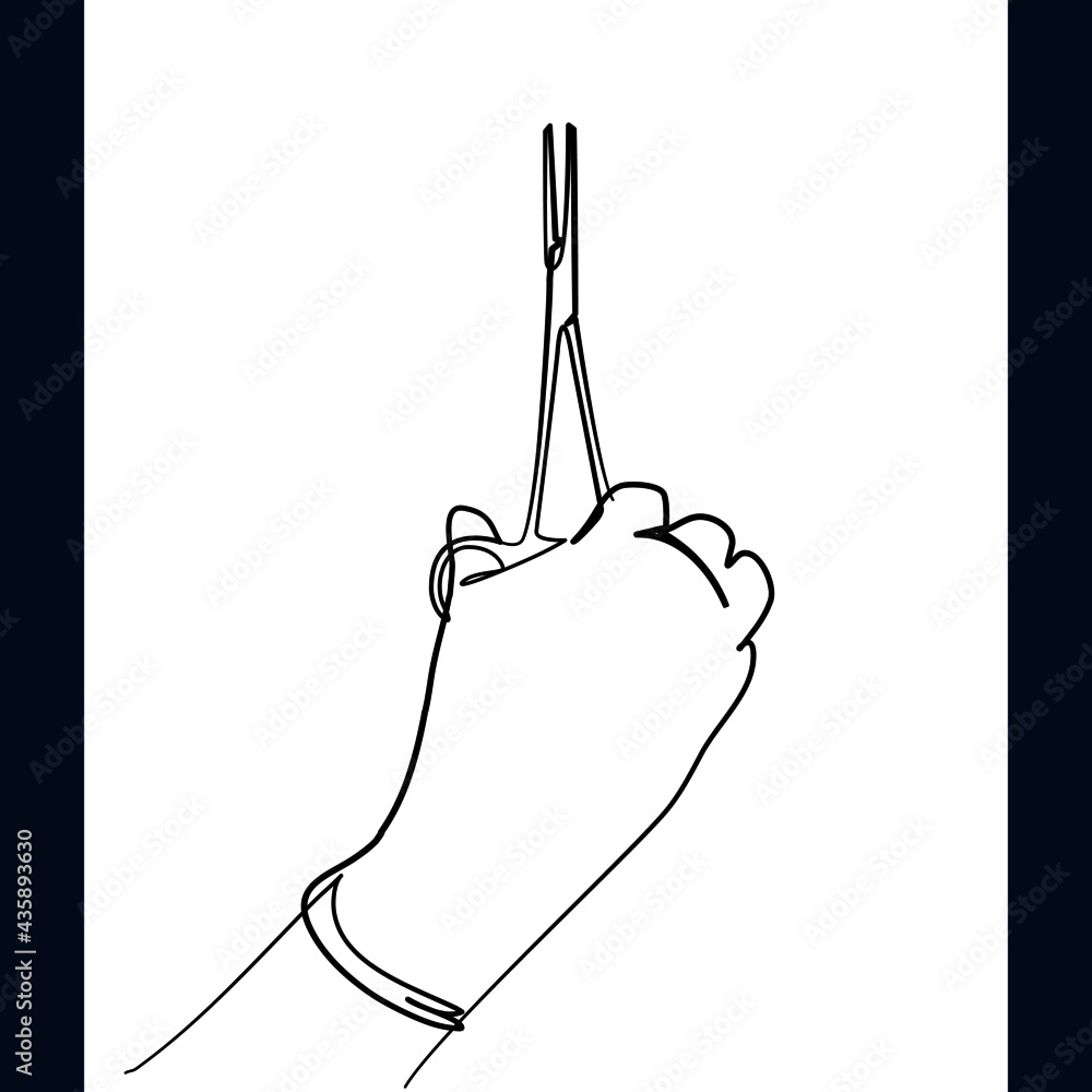 Continuous line, Doctor's hand in a white glove holding a surgical clip ...
