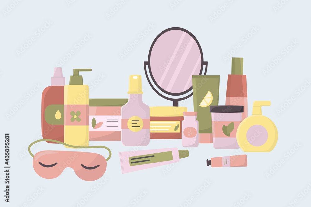 Vector flat illustration of personal care items. Herbal cosmetics ...
