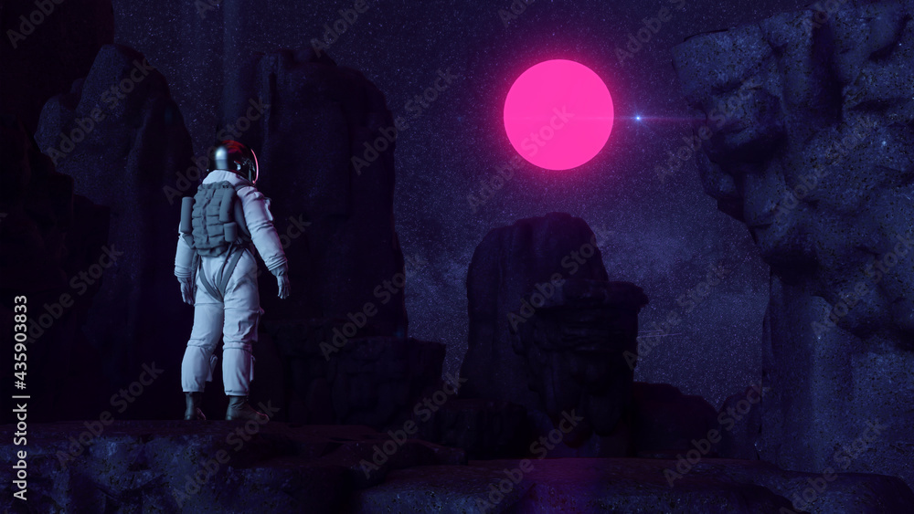 Astronaut In Dark Rocky Landscape Lookingt Into Starry Sky With Neon ...
