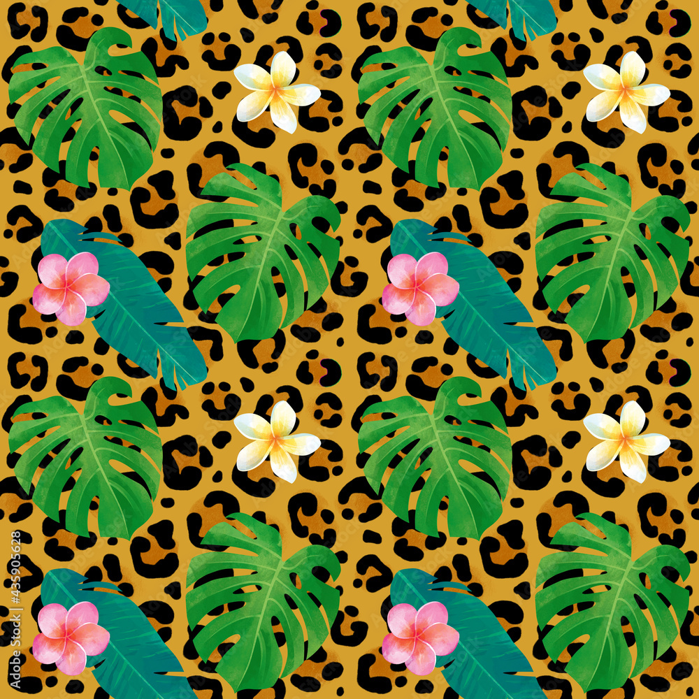 Seamless animal pattern. Leopard hot summer background with monstera ...