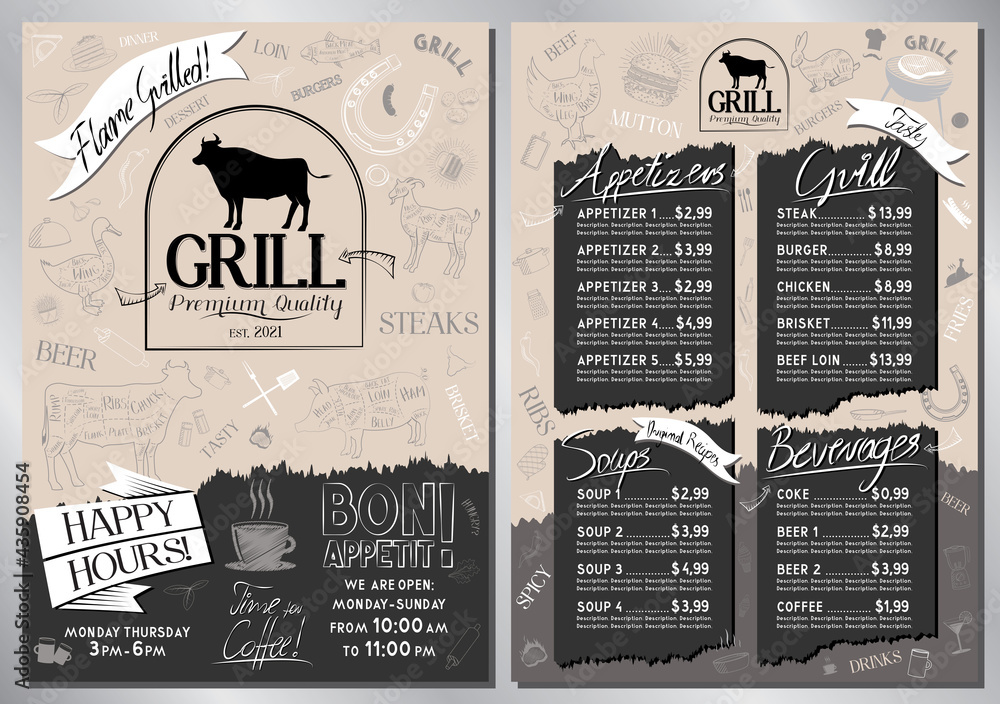 Steakhouse, grill menu template - A4 card (appetizers, grill, soups ...