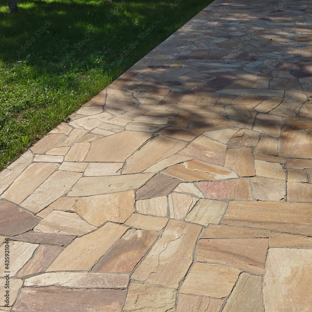 Garden landscaping with Pavement from Tiled Limestone. Backyard Garden ...