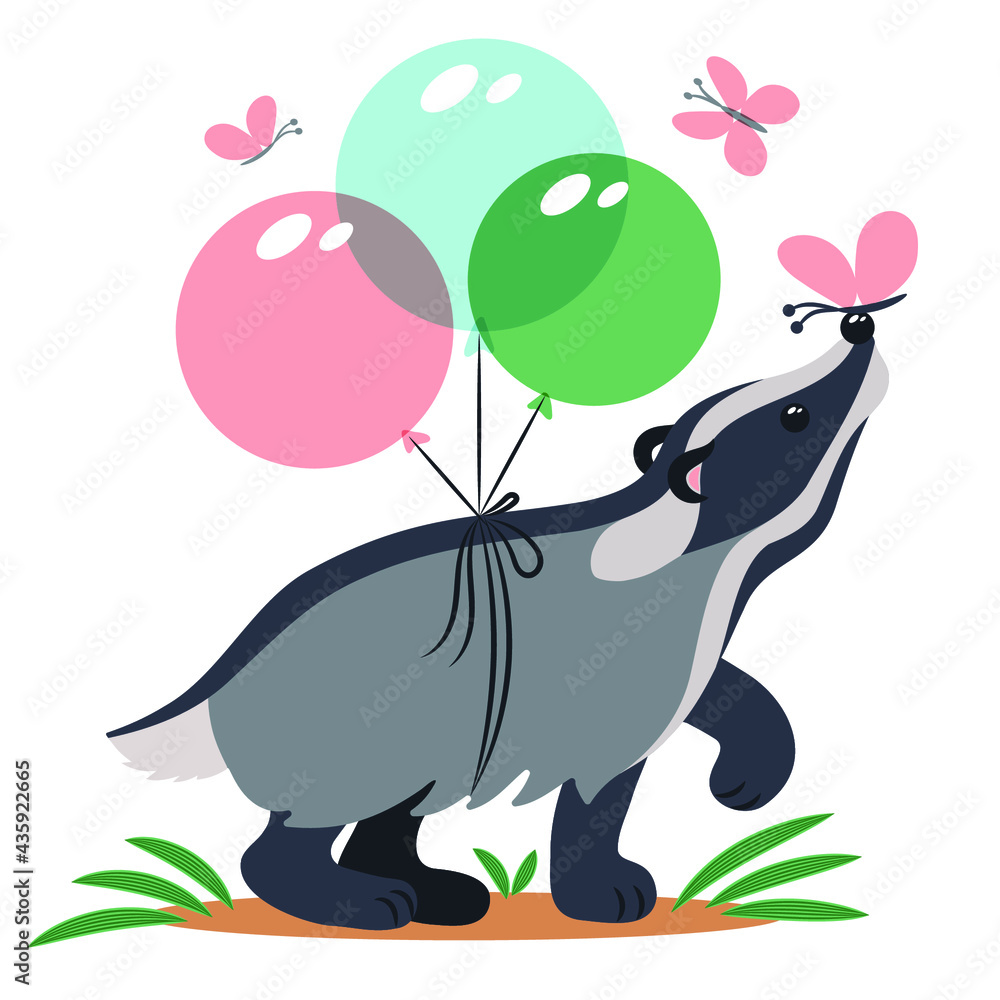 Cute badger with balloons and butterflies. Poster for nursery. Vector ...