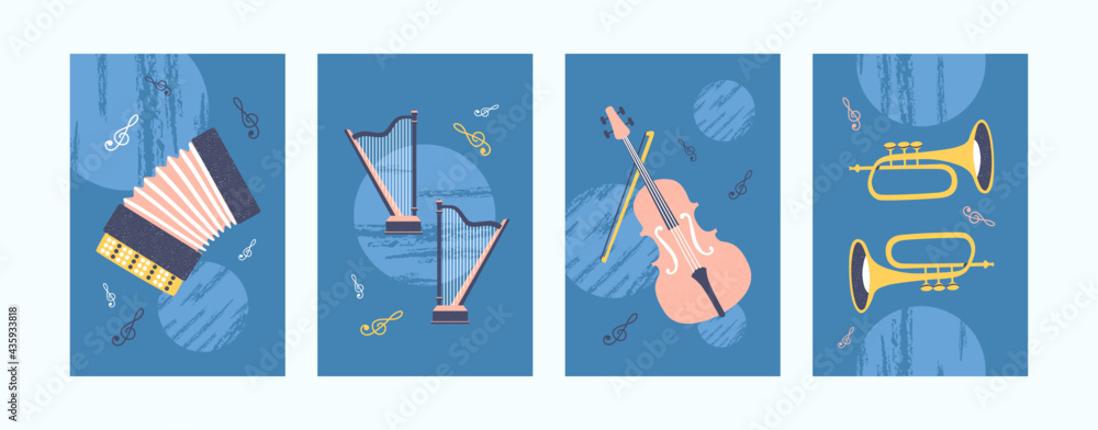 Colorful collection of art posters with musical instrument. Bright ...