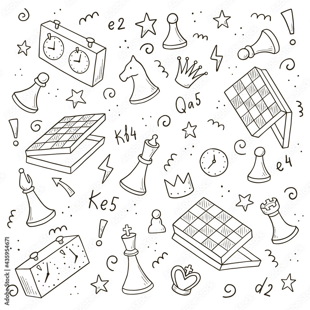 Hand drawn set of cartoon chess game elements. Doodle sketch style ...
