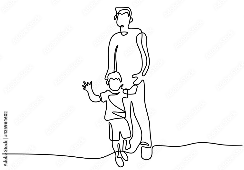 Father walking together with his son continuous one line drawing. Happy ...