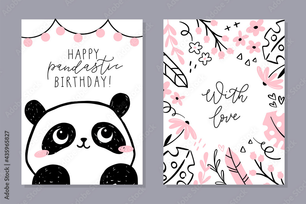 Little panda - set of cards. Cute panda character, floral frame with ...