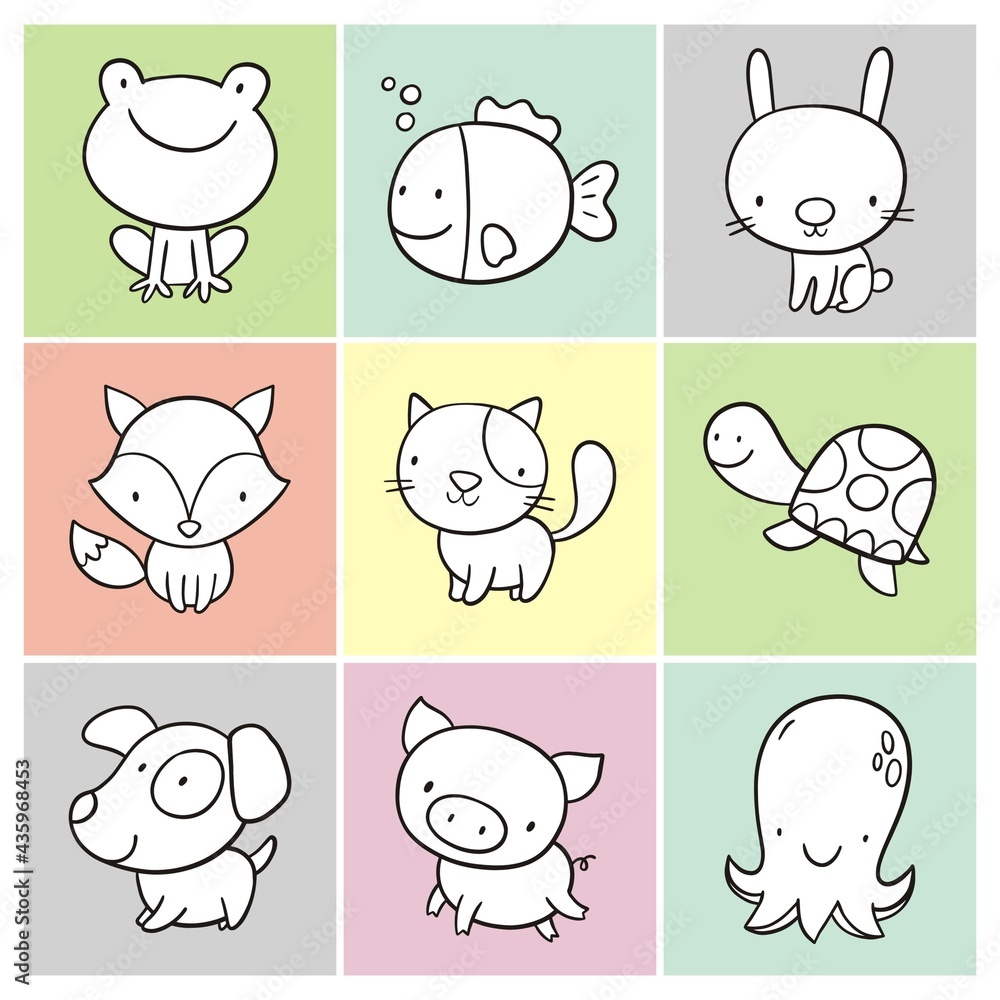Coloring page with cute animals foe little baby. Frog, fish, bunny, fox ...