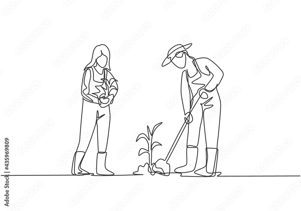 Vetor de Single continuous line drawing young couple farmer shoveled ...
