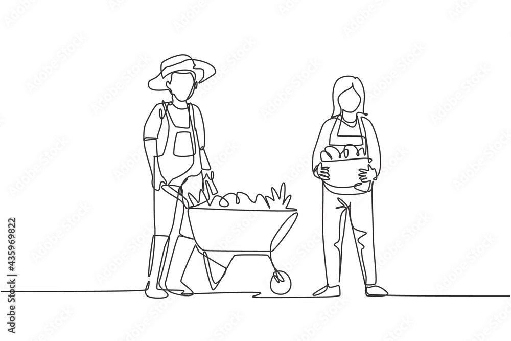 Single continuous line drawing happy couple farmer with wheelbarow ...