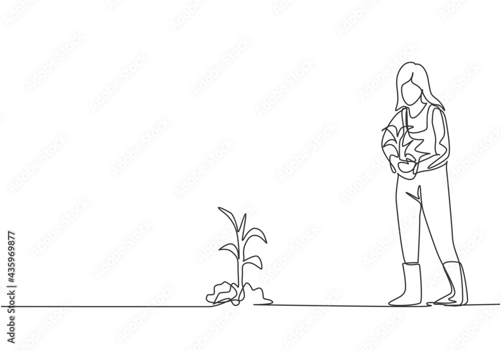 Single continuous line drawing young female farmer bring crops to be ...