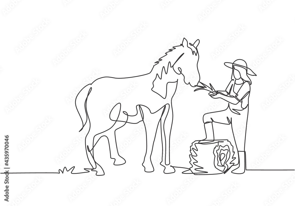 Single continuous line drawing female farmer stomped one of its feet ...