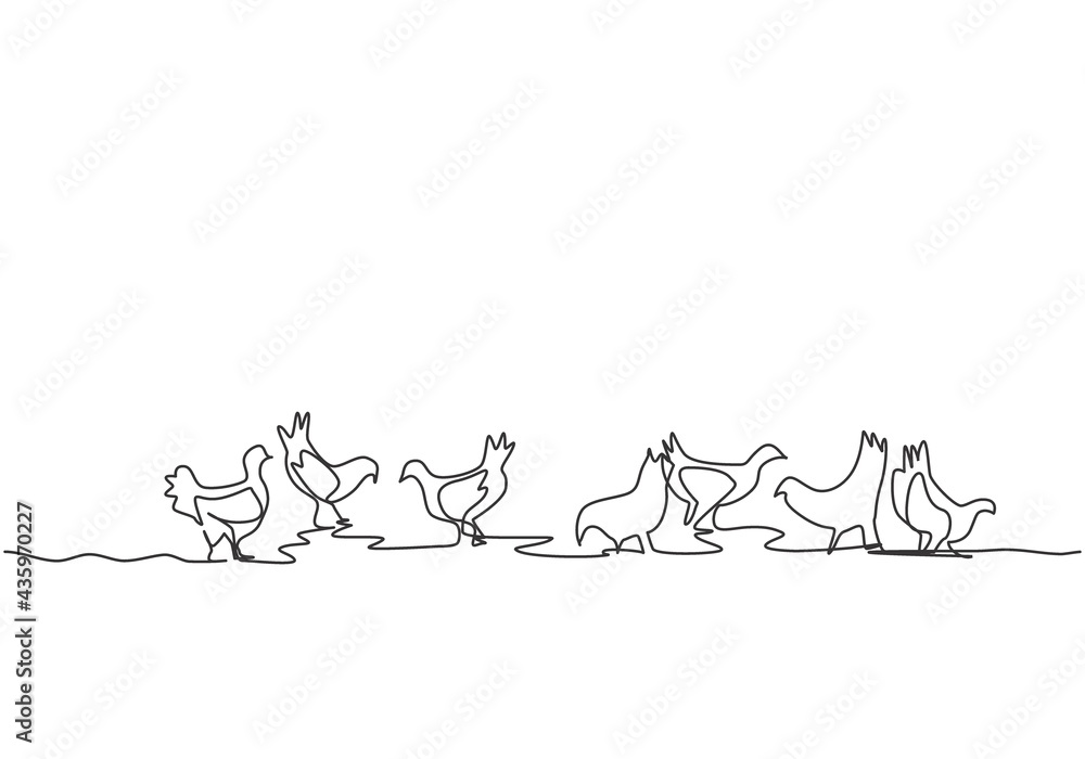 Single continuous line drawing of several chickens were playing in the ...
