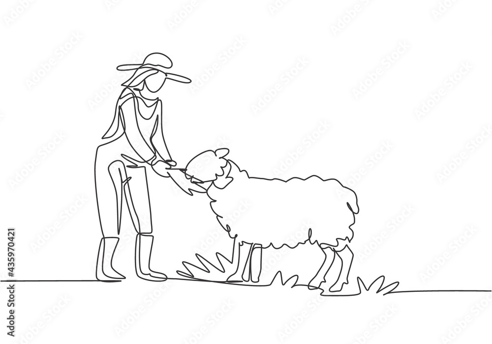 Single continuous line drawing young female farmer is feeding the sheep ...
