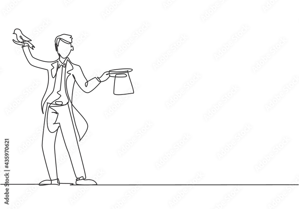 Single continuous line drawing the magician puts on a show by getting a ...