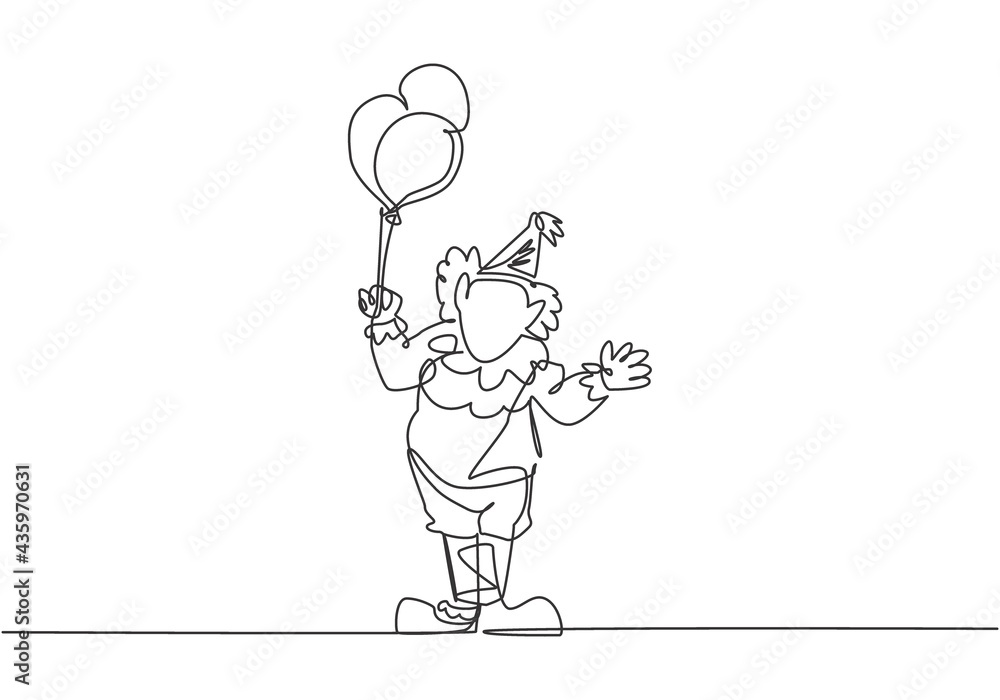 Single continuous line drawing the male clown stands while holding ...