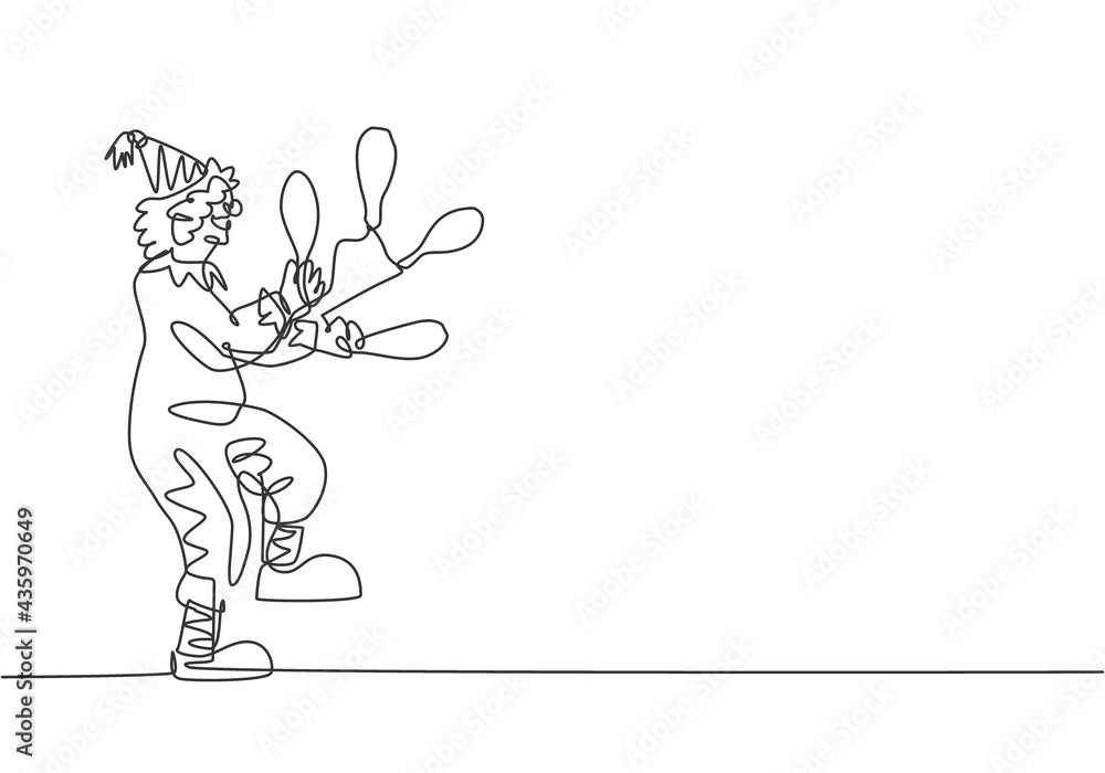 Single continuous line drawing a male clown juggling on one leg. The ...