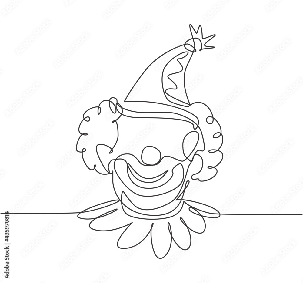 Single one line drawing of the face of a male clown wearing a circus ...