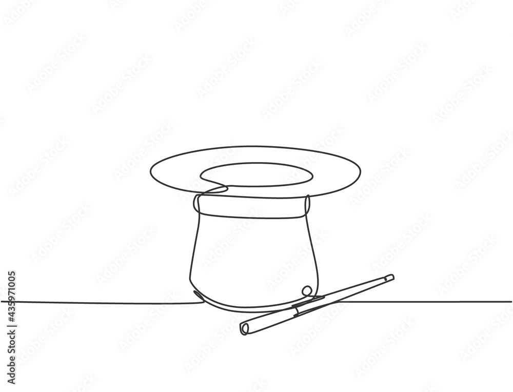 Single continuous line drawing magic hat and wand that a magician needs ...