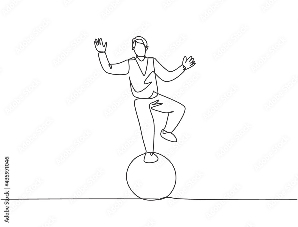 Continuous one line drawing a male acrobat performs a standing stunt ...
