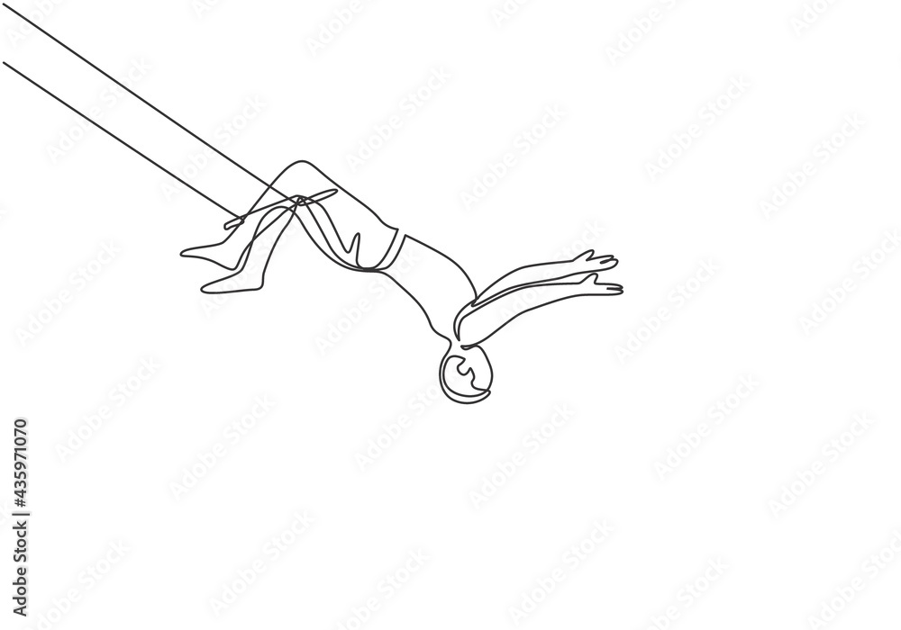 Single continuous line drawing a male acrobat performs on the trapeze ...
